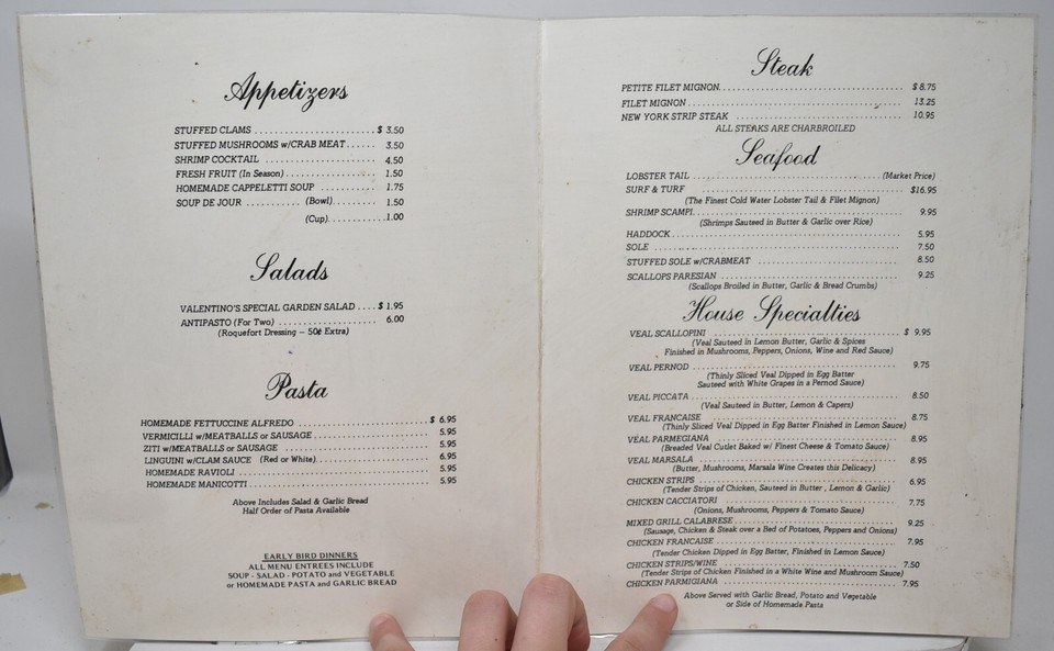 1980s Valentino's Restaurant Menu Joseph Pezak Eynon Lackawanna Co ...