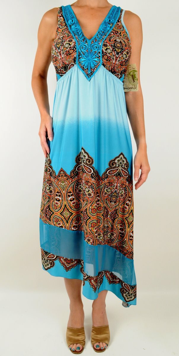 One World Maxi Dress Blue Aqua Fusion Paisley Dream, Lace Crochet, NWT ...