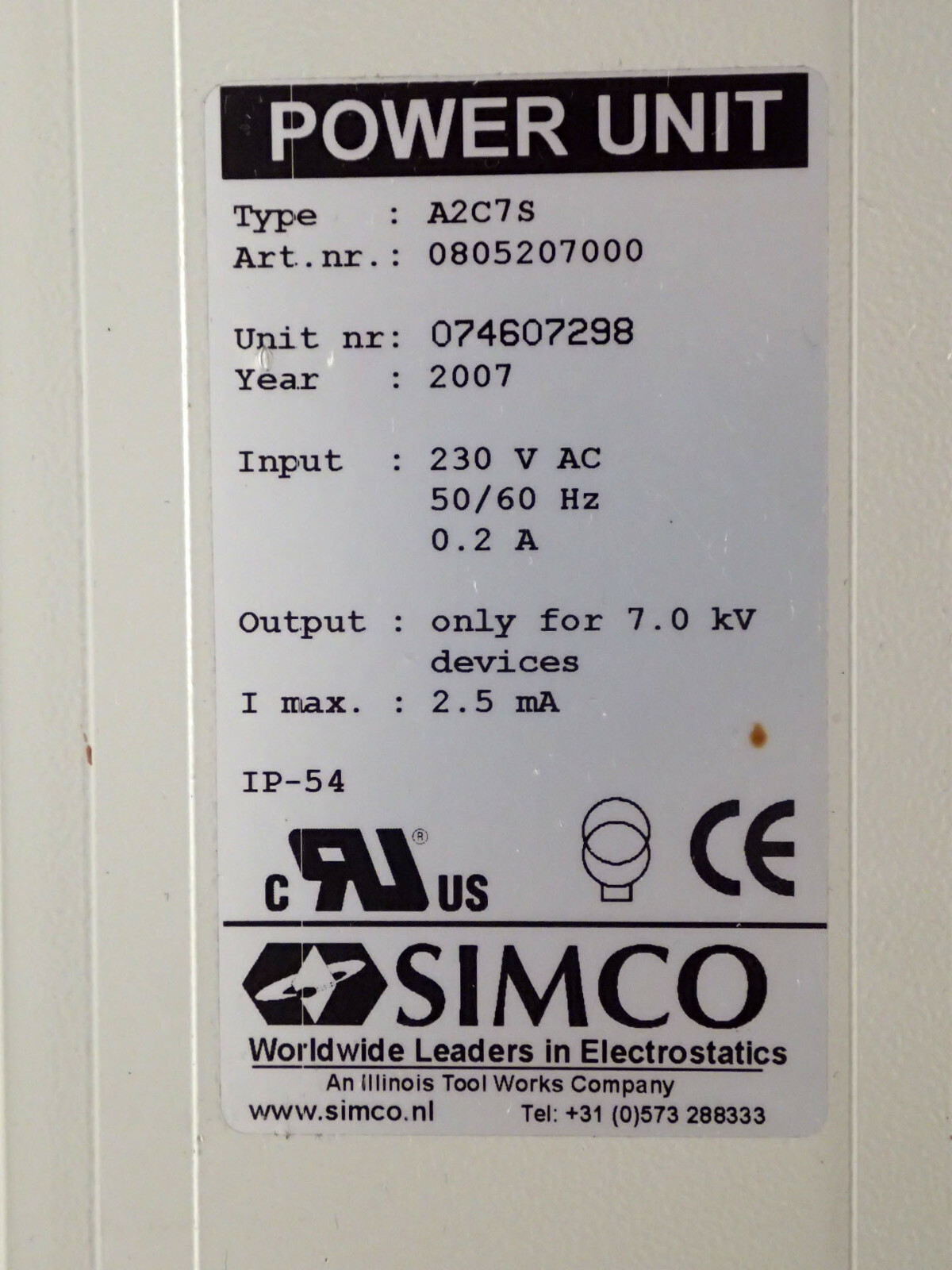 SIMCO A2C7S POWER UNIT IN: 230V AC 0.2A OUT: 7.0 kV I MAX. 2.5 mA ...