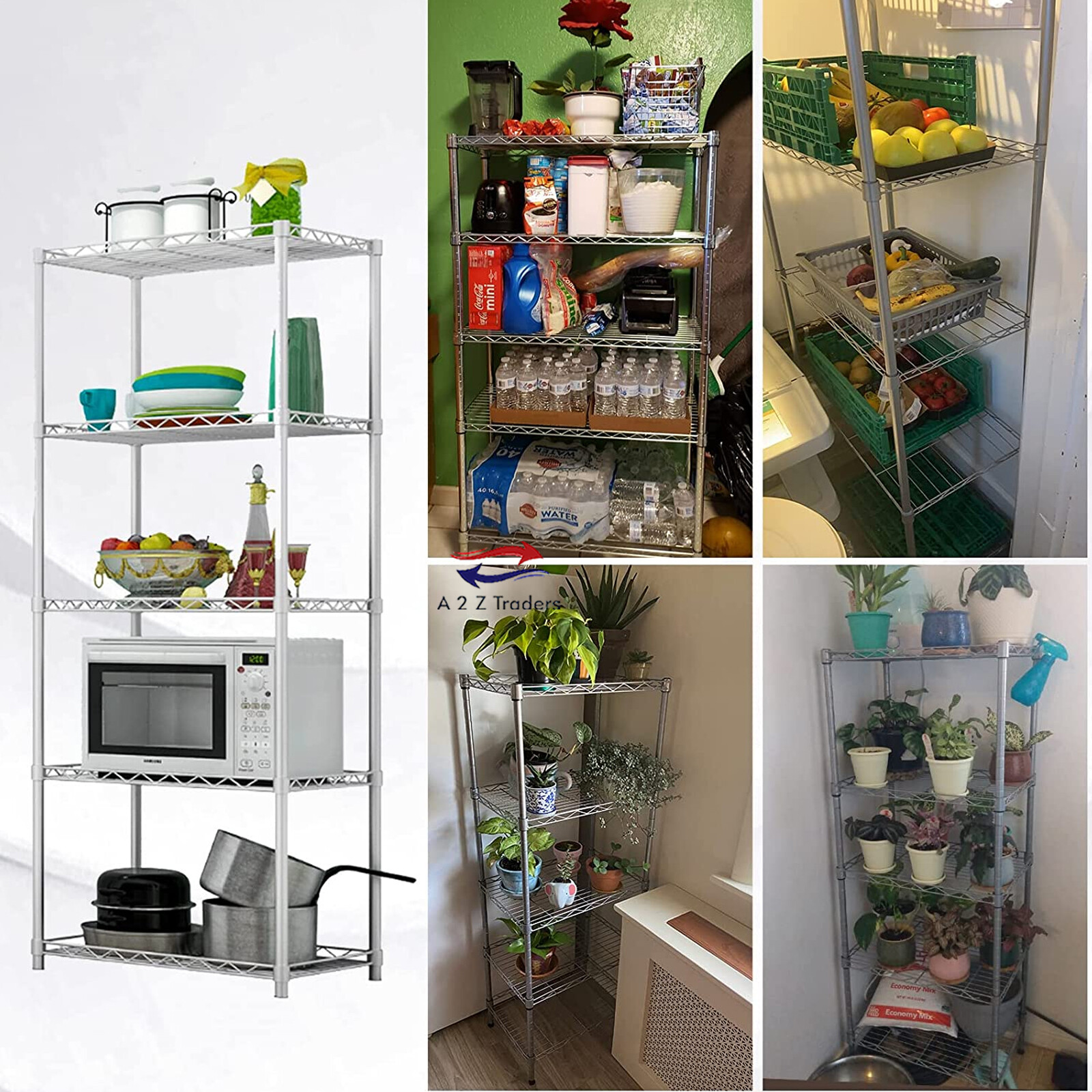 4/5 Tier Silver Metal Storage Rack Shelving Wire Shelf Kitchen Office ...