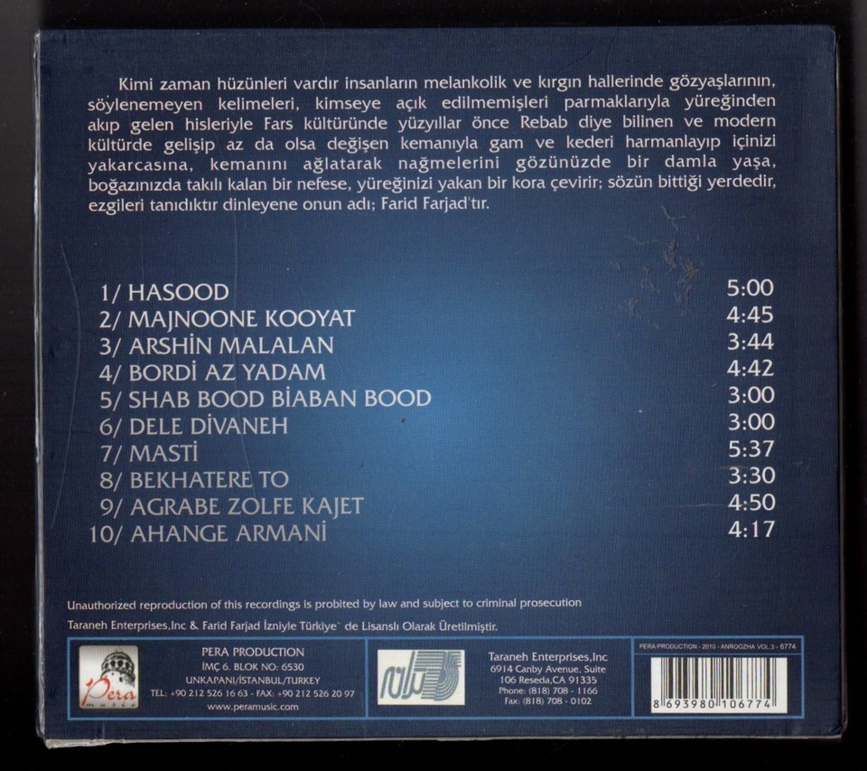 FARID FARJAD - ANROOZHA (O GÜNLER) VOLUME 3 (2010) SEALED CD MADE IN ...