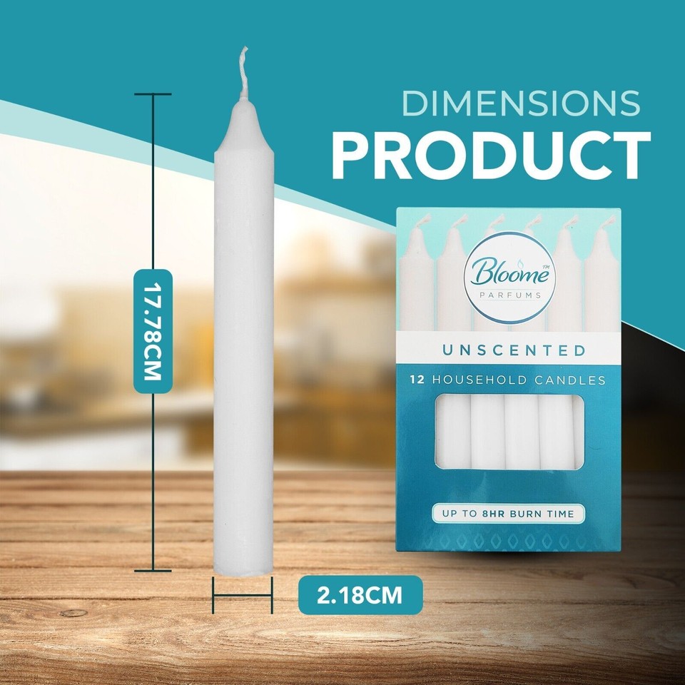 12-96 Household Dinner Taper Candles Unscented 2x18cm White 8 Hours ...