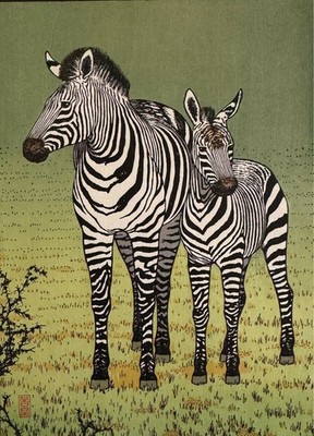 C [Authenticity guaranteed] Toshi Yoshida Zebras handrail woodblock ...