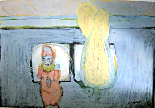 Cynthia Huff (1950-2015) Acrylic on Paper Punch Figure Surreal Interior ...