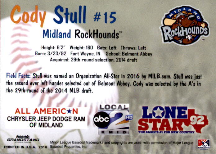 2018 Midland RockHounds Grandstand #24 Cody Stull Fort Wayne Indiana IN ...