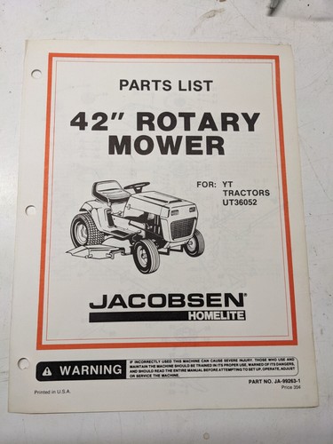 JACOBSEN ILLUSTRATED PARTS MANUAL LIST 42” MOWER ATTACHMENT TY TRACTORS ...