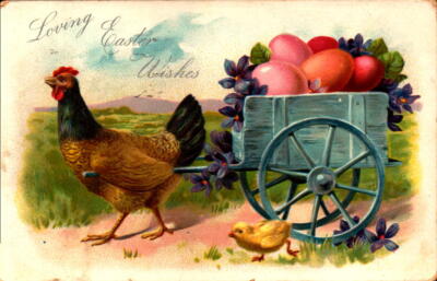 1908 Easter Postcard, Anthropomorphic Hen Carts Pastel Eggs, Tuck, Ser ...