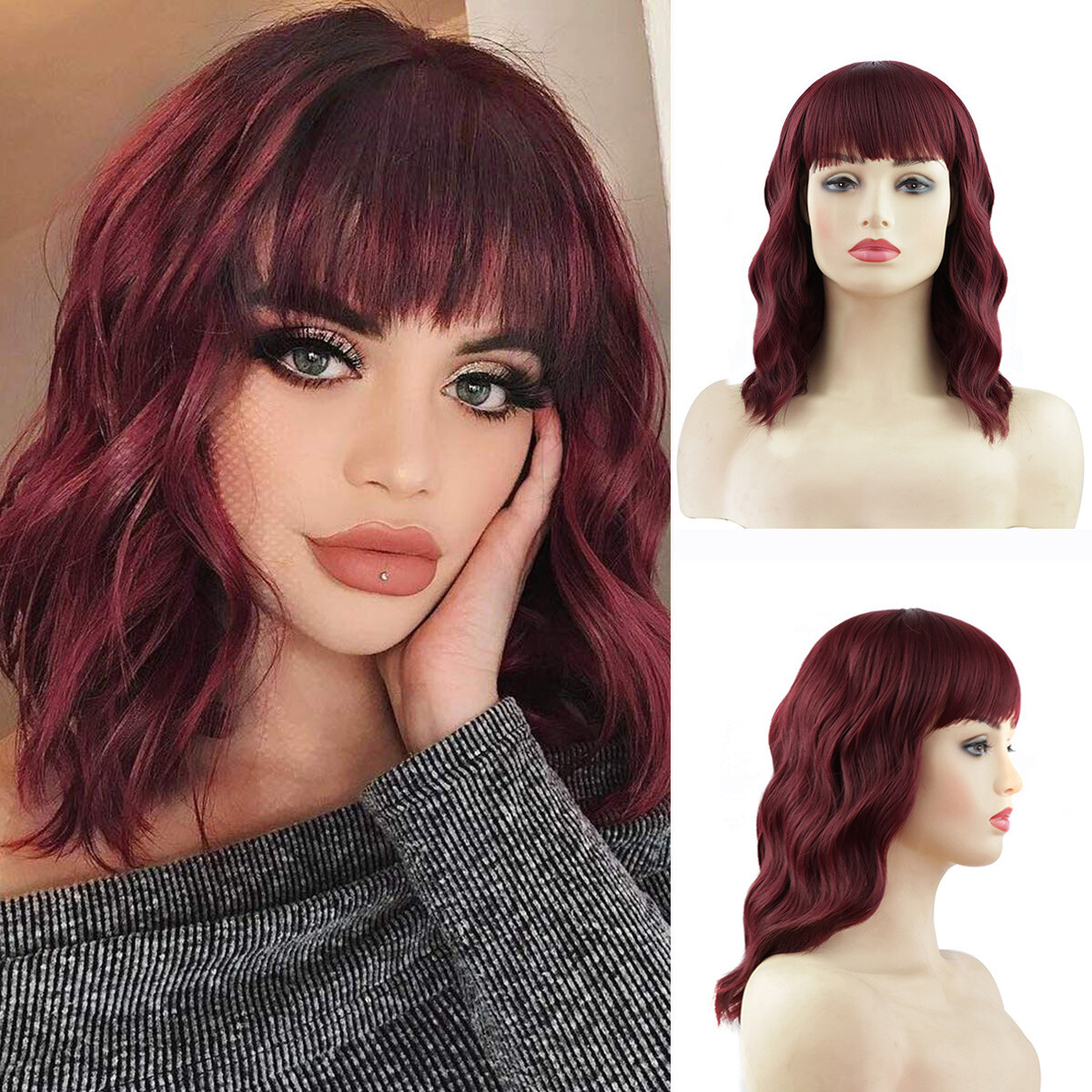 Bob Short Red Wigs Natural Full Wavy Synthetic Wig With Bangs Cosplay ...