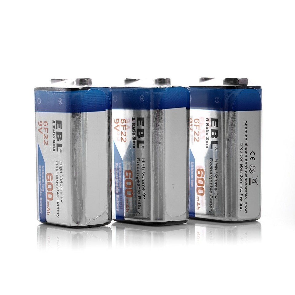 Lot EBL 9V 600mAh 6F22 Li-ion Rechargeable Batteries /NiMH 9-Volt ...