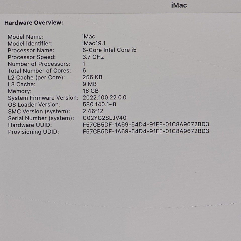 APPLE IMAC A2115 27" RETINA 5K 2019 i5-9600K@3.7GHz 16GB RAM 512GB SSD ...