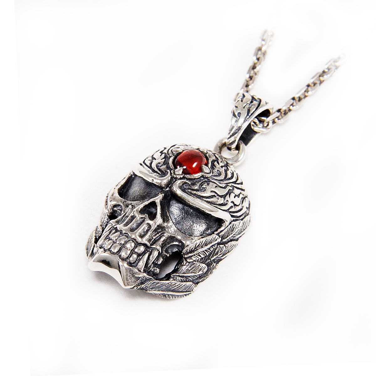 RED STONE DEMON SKULL 925 STERLING SILVER GOTHIC BIKER ROCKABILLY ...