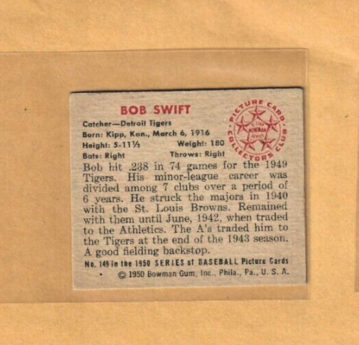 1950 BOWMAN #149 BOB SWIFT VG-EX+ DECENTLY CENTERED CHEAP! | eBay