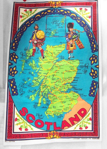 Vintage SCOTLAND Tea Towel Bag Piper & Map Lockhart Textiles Scottish ...