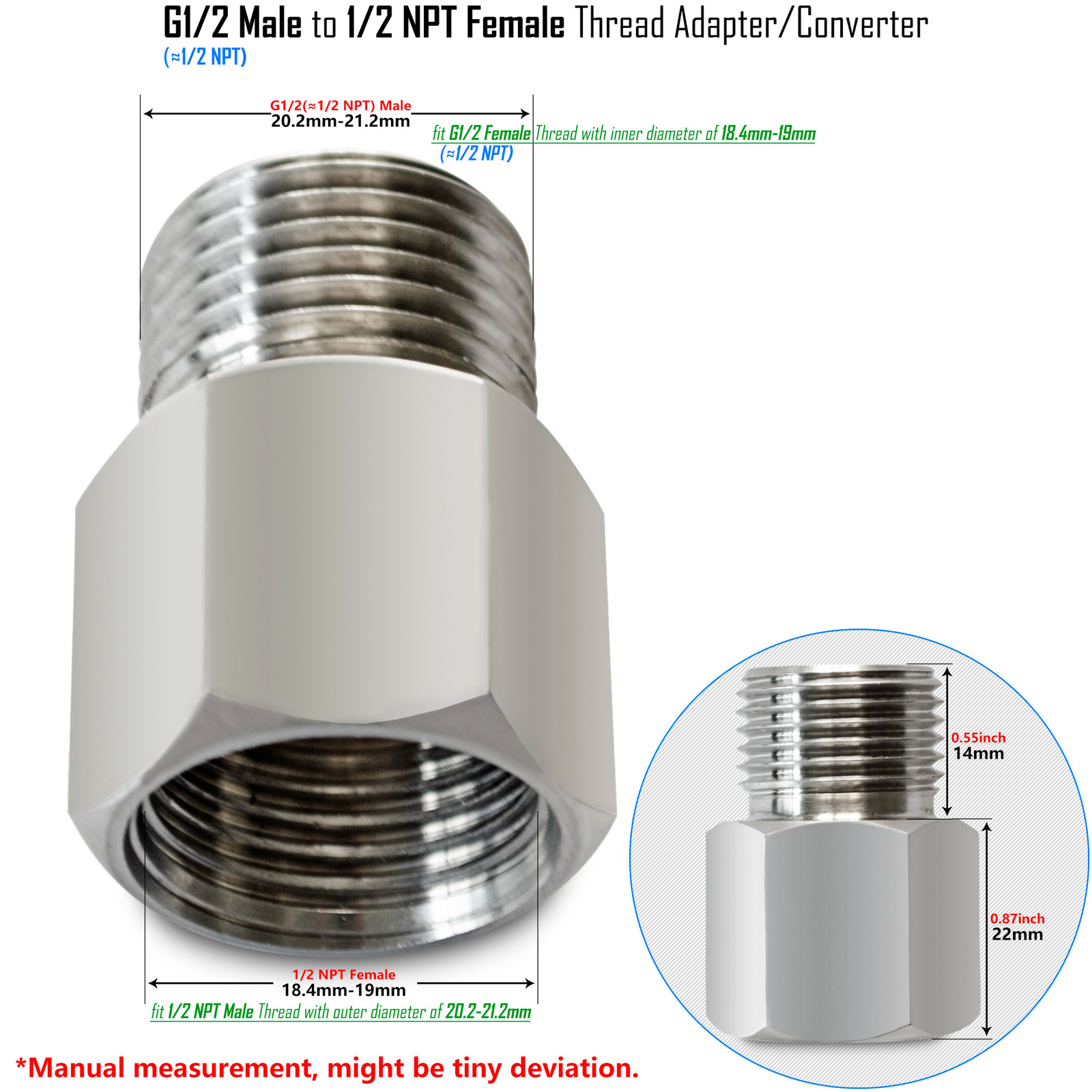 G1/2 to G3/8, 6/19 UNEF, 1/2 NPT Thread Pipe Fitting Adapter Converter ...