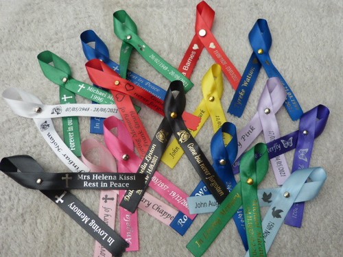 PERSONALISED MEMORIAL FUNERAL LAPEL RIBBON PIN 15MM MEMORIAL MOURNING ...