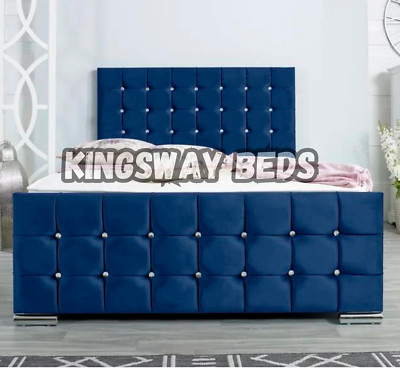 New Diamond Plush Velvet Upholstered Cubed Design Bed Frame 3FT 4FT ...