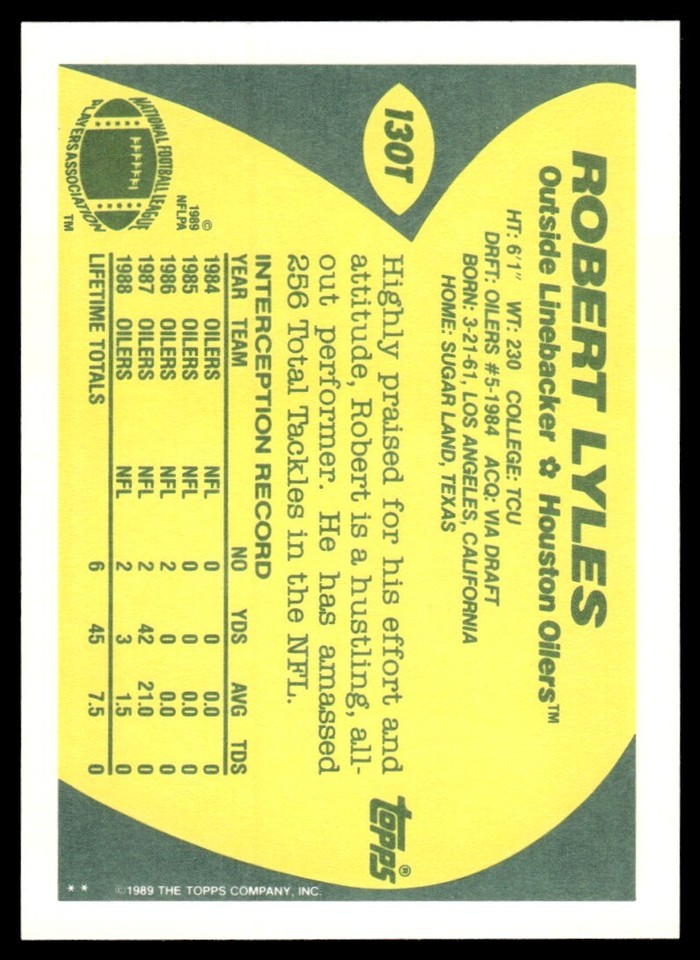 1989 Topps Traded Robert Lyles Rookie Houston Oilers #130T | eBay
