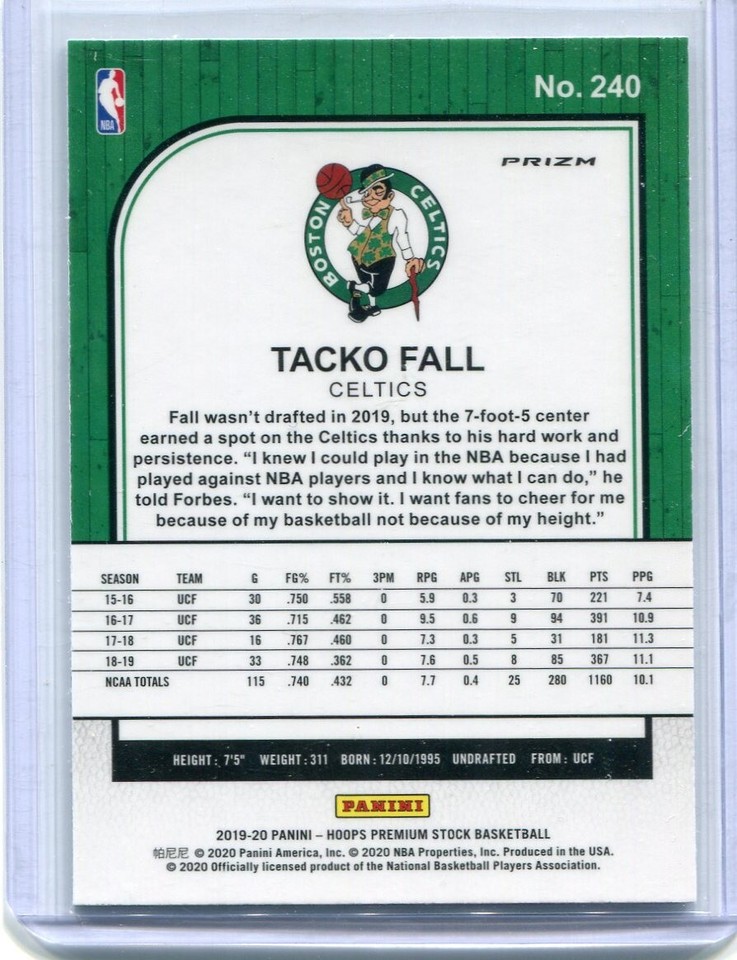 2019-20 Panini NBA Hoops Premium Stock Rookie #240 Tacko Fall Laser ...