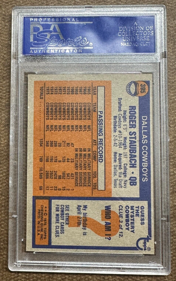 Roger Staubach 1976 Topps Football Card #395 PSA 9 MINT Dallas Cowboys ...