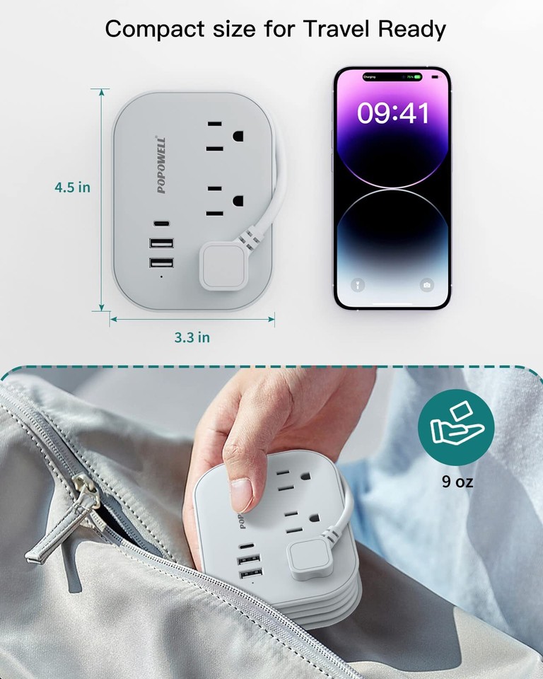 Flat Plug Power Strip- USB Travel Power Strip 3 Outlets and 3 USB ...