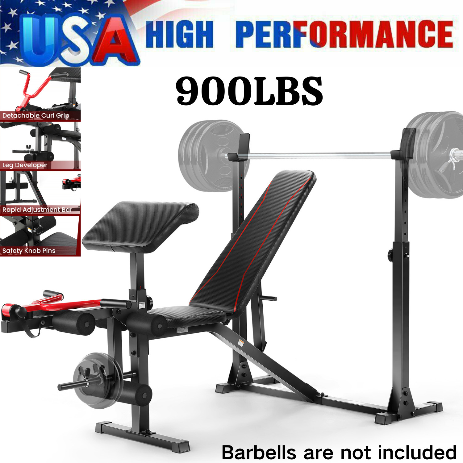 Adjustable Weight Bench, 900lbs Olympic Weight Bench Set Exercise Home ...