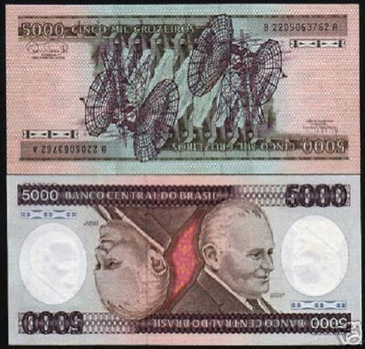 BRAZIL 5000 CRUZEIROS P-202 1985 x 100 Pcs Lot Bundle SATELLITE UPSIDE ...