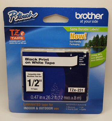 Brother TZE231 Black Print on White Laminated 1/2" Tape for P-touch ...