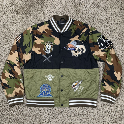 Reason Bomber Varsity Jacket Men's XL Snap Button Front Camo Embroidered Patches | eBay