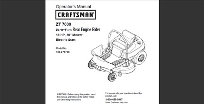 Craftsman ZT 7000 Model 107.277700 Zero-Turn Mower Maintenance & Owner ...