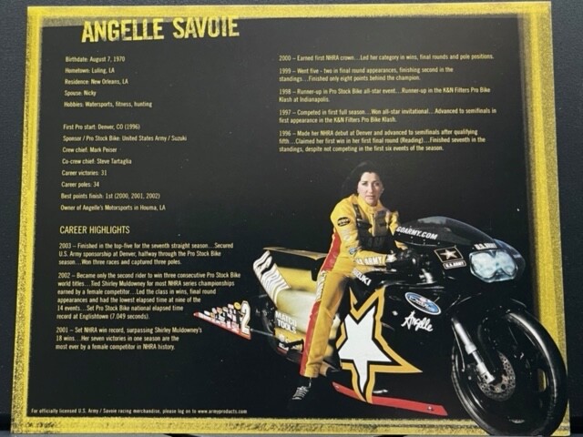 VRHTF NHRA COOL VTG BEAUTIFUL ANGELLE SAMPAY ARMY PRO STOCK MOTORCYCLE ...