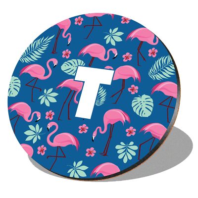 1 x Round Coaster - Letter T Tropical Flamingo Palm Flower Initial ...