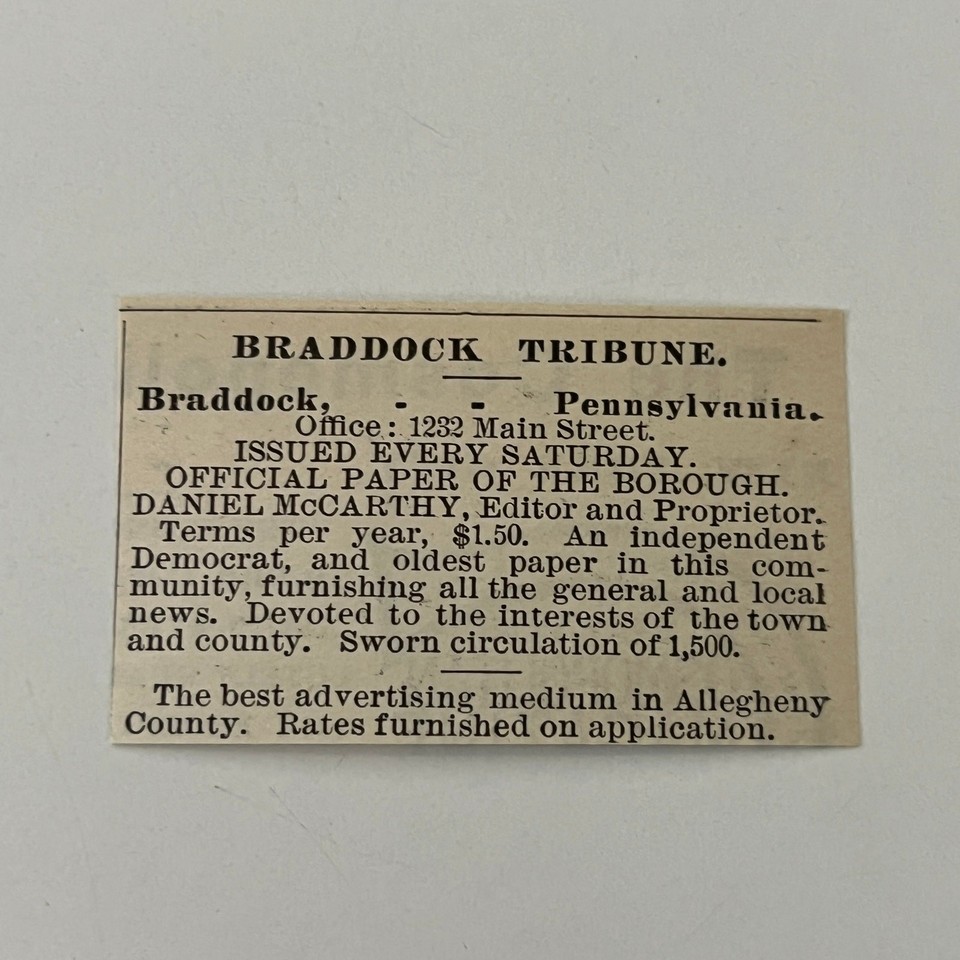 Braddock Tribune Daniel McCarthy Braddock PA 1890 Newspaper Ad SAI9-S1 | eBay