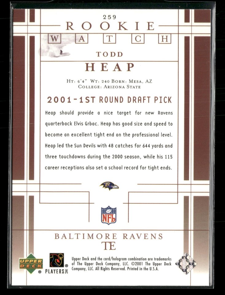 Todd Heap Rookie 2001 Upper Deck #259 RC Baltimore Ravens 0 | eBay