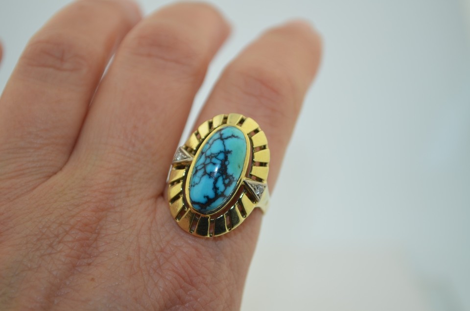 Retro 14K Spider Turquoise & Diamond Ring | eBay