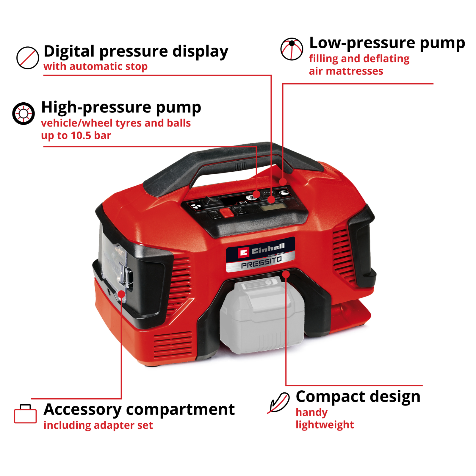 Einhell Cordless Air Compressor Portable 10 Bar PXC PRESSITO 18/21 BODY ...