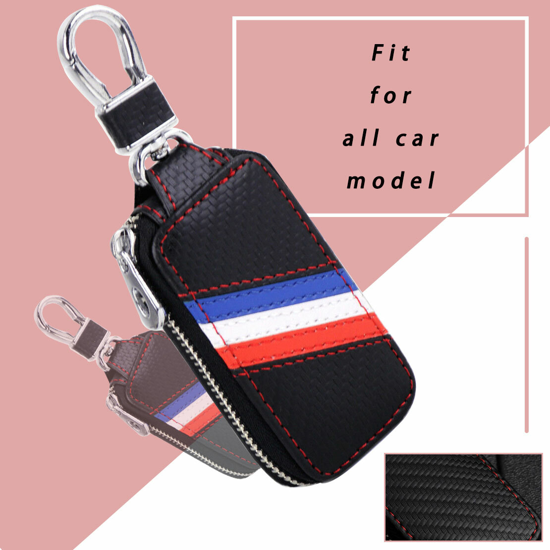 Universal Blue+Red+White Leather Car Remote Key Chain Holder Zipper ...