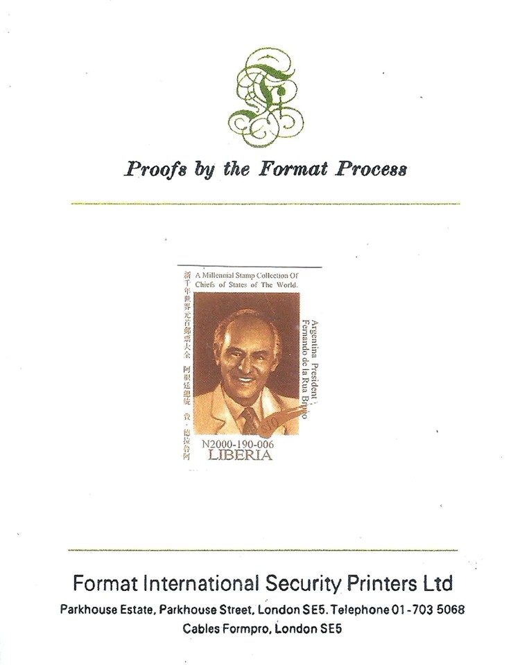 Liberia 1999 USA UN Summit Argentina President Fernando De La Rua Proof ...