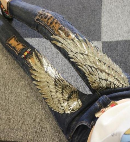 Women Denim Jean Skinny Bling Wings Ripped Out Sequins Glitter Pants ...