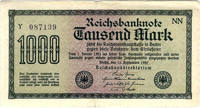 Reichsbanknote 1000 Mark 1922 Berlin Reichsbank DEU-84c Ro.75c P-76d ...