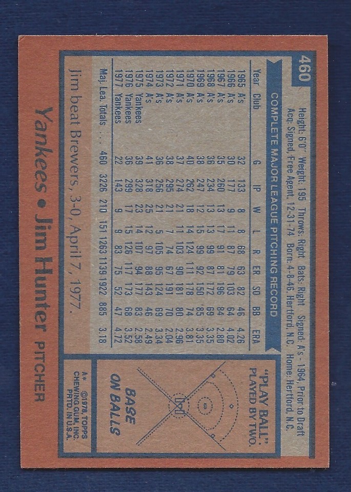 RAZOR SHARP PACK FRESH 1978 TOPPS #460 JIM HUNTER HOF .99 SHIPPING M515 ...