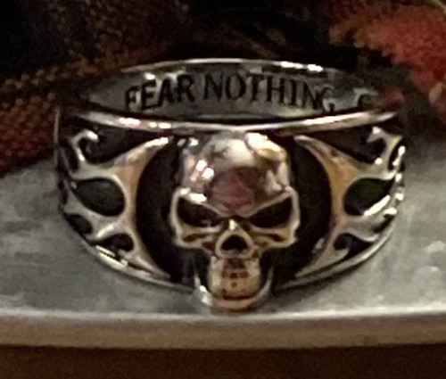 Skull Black Flames Ring with Fear Nothing Inlay, Silver-tone Size 11 | eBay