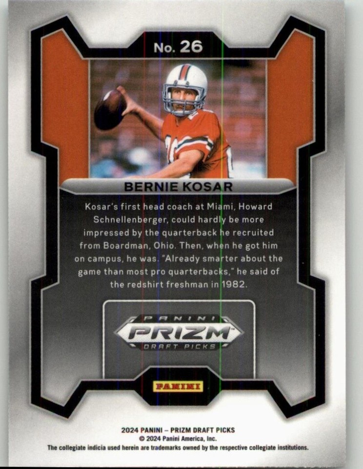 2024 Panini Prizm Draft Picks Bernie Kosar #26 Miami Hurricanes | eBay