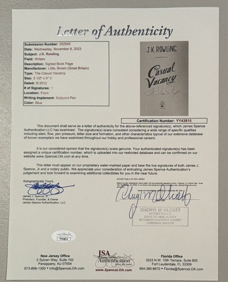 JK Rowling Signed Autographed Book Page JSA Letter Author Harry Potter ...