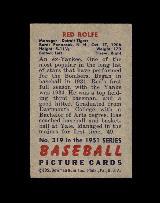 1951 Bowman Set-Break #319 Red Rolfe Mg VG-VGEX (crease) *GMCARDS* | eBay