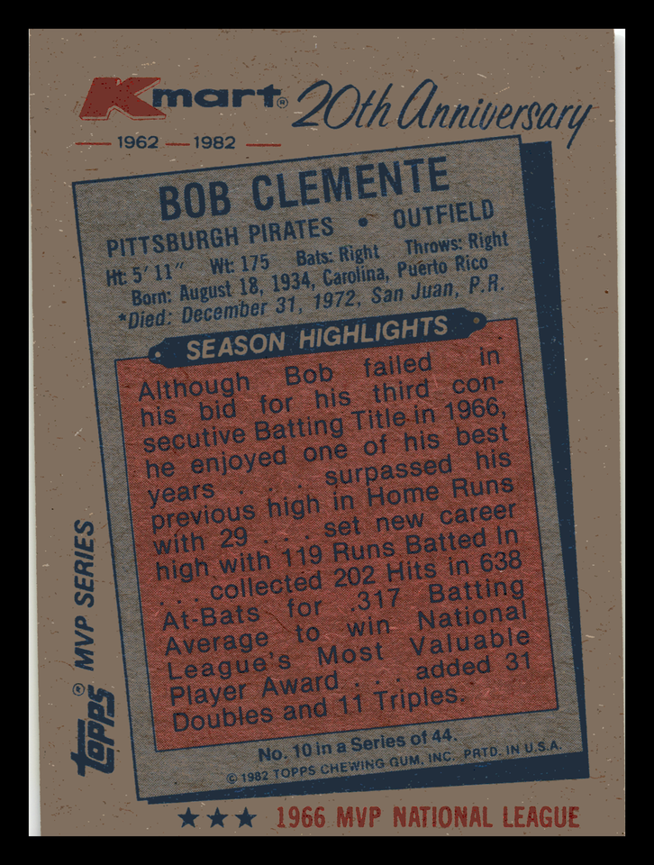 1982 Topps Kmart 20th Anniversary Roberto Clemente HOF #10 NM-MINT | eBay