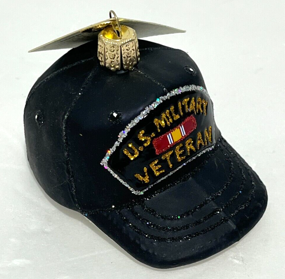 US Military Vet Orn. Black BB Cap Blown Glass Glitter NEW Old World ...