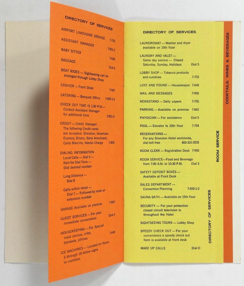 1973 Original Vintage Room Service Menu SHERATON MOTOR INN New York ...
