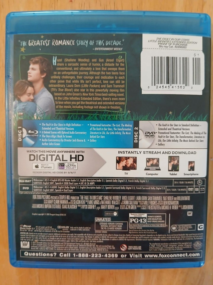 The Fault in Our Stars Blu-Ray & DVD 2 Disc Set (w/extended version ...