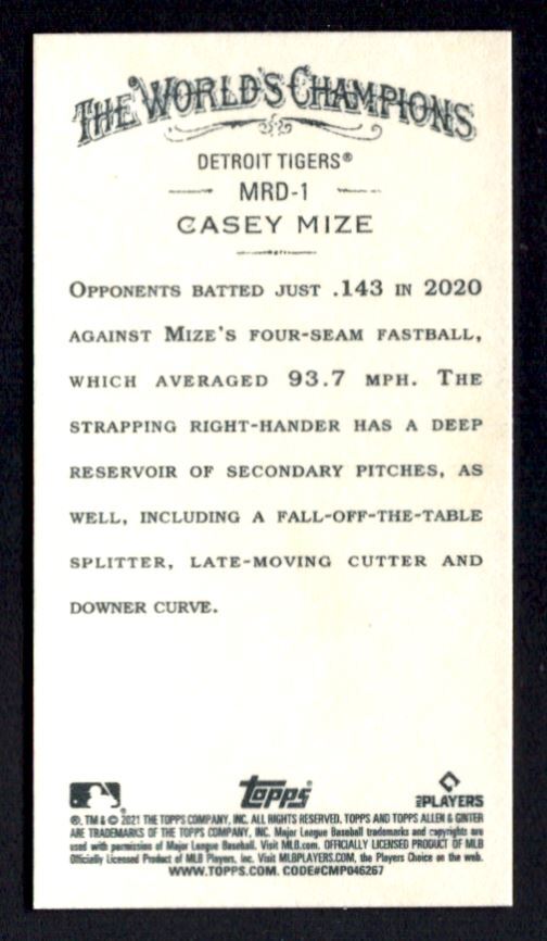 Casey Mize 2021 Topps Allen & Ginter Rookie Mini Design Variation RC ...
