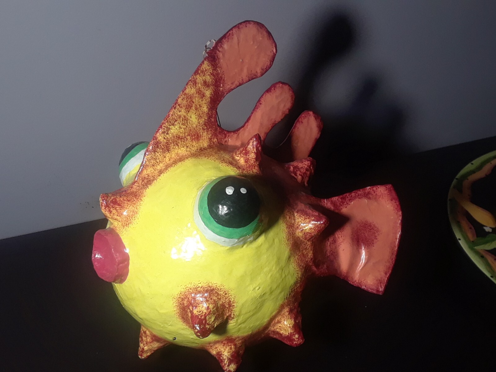 Big Puffer Fish Ornament Devil Red Alien Skin and Eyes 11 x12" x 7 1/2 ...